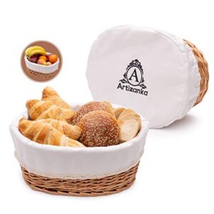 large bread basket for serving set - 12x9” wicker basket with removable liner and cover bread storage and bread serving basket for homemade sourdough bread. pantry and fruit basket by artizanka