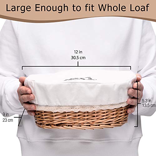 Large Bread Basket for Serving Set - 12x9” Wicker Basket with Removable Liner and Cover Bread Storage and Bread Serving Basket for Homemade Sourdough Bread. Pantry and Fruit Basket by Artizanka