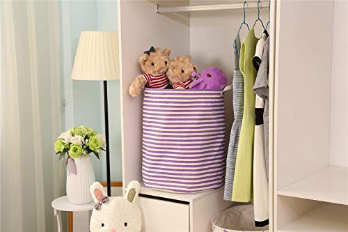 Sea Team 19.7-Inch Canvas Laundry Hamper and 16.5-Inch Canvas Storage Basket Bundle, Purple Stripe