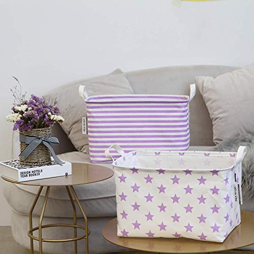 Sea Team 19.7-Inch Canvas Laundry Hamper and 16.5-Inch Canvas Storage Basket Bundle, Purple Stripe