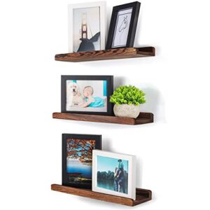 tj.moree picture ledge shelf wall mounted, rustic wood photo ledge floating shelves set of 3, floating bookshelf decor vinyl display for living room, bedroom, bathroom, nursery - carbonized brown