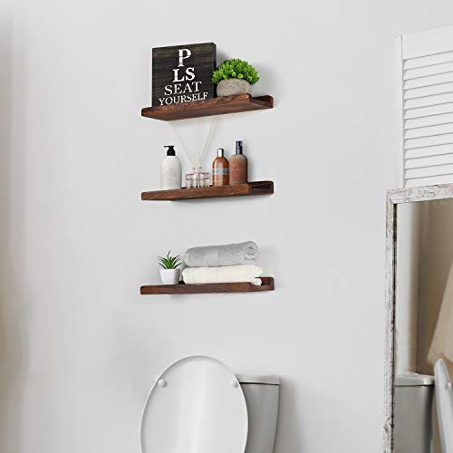 TJ.MOREE Picture Ledge Shelf Wall Mounted, Rustic Wood Photo Ledge Floating Shelves Set of 3, Floating Bookshelf Decor Vinyl Display for Living Room, Bedroom, Bathroom, Nursery - Carbonized Brown