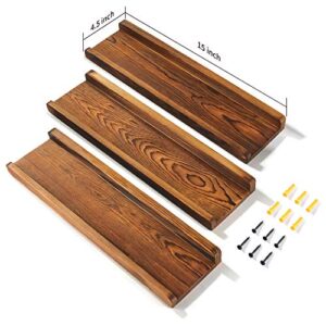 TJ.MOREE Picture Ledge Shelf Wall Mounted, Rustic Wood Photo Ledge Floating Shelves Set of 3, Floating Bookshelf Decor Vinyl Display for Living Room, Bedroom, Bathroom, Nursery - Carbonized Brown