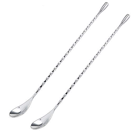 DIFENLUN 12 Inches Mixing Spoon Stainless Steel, 2 Pack Spiral Pattern Bar Spoon for Cocktail Shaker Tall Cups(Silver)