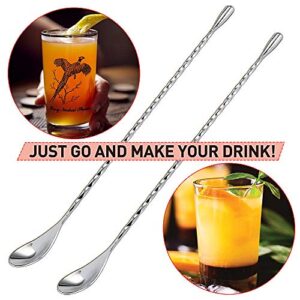 DIFENLUN 12 Inches Mixing Spoon Stainless Steel, 2 Pack Spiral Pattern Bar Spoon for Cocktail Shaker Tall Cups(Silver)