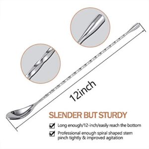 DIFENLUN 12 Inches Mixing Spoon Stainless Steel, 2 Pack Spiral Pattern Bar Spoon for Cocktail Shaker Tall Cups(Silver)