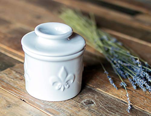 Butter Bell - The Original Butter Bell crock by L Tremain, a Countertop French Ceramic Butter Dish Keeper for Spreadable Butter, Fleur de Lis Collection (Blanche)