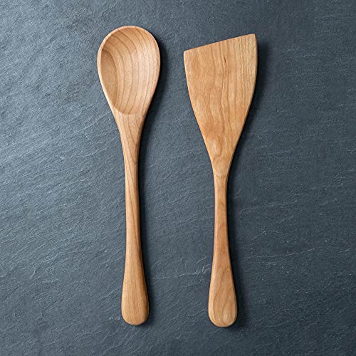 Handmade Wooden Spoon & Spatula Set - 12” Cherry Wood, Hand Carved, Made in the USA with Pennsylvania Black Cherry Wood - Cooking Spoon and Spatula Combo