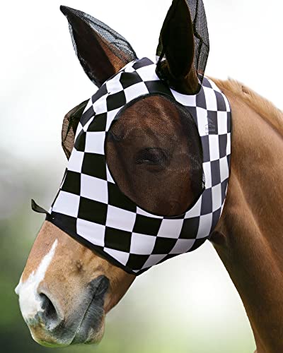 Harrison Howard Super Comfort Horse Fly Mask Elasticity Fly Mask with Ears UV Protection for Horse Checker Board L Full Size