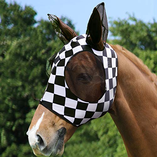 Harrison Howard Super Comfort Horse Fly Mask Elasticity Fly Mask with Ears UV Protection for Horse Checker Board L Full Size