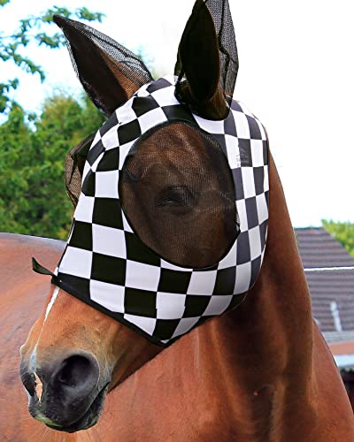 Harrison Howard Super Comfort Horse Fly Mask Elasticity Fly Mask with Ears UV Protection for Horse Checker Board L Full Size