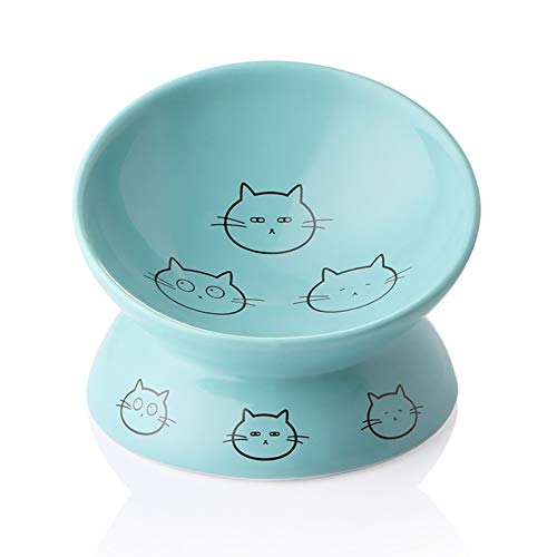 SWEEJAR Ceramic Raised Cat Bowls, Slanted Cat Dish Food or Water Bowls, Elevated Porcelain Pet Feeder Bowl Protect Cat's Spine, Stress Free, Backflow Prevention (Turquoise)