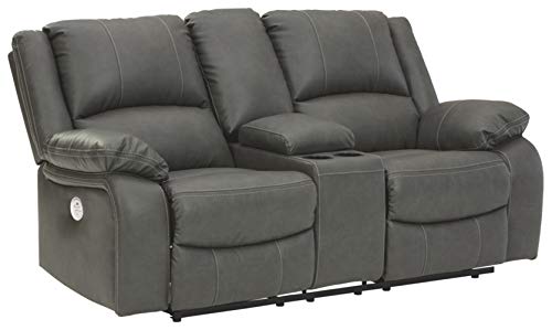 Signature Design by Ashley Calderwell Faux Leather Power Double Reclining Loveseat with Storage Console, Gray