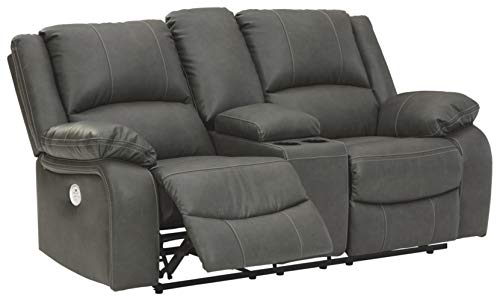 Signature Design by Ashley Calderwell Faux Leather Power Double Reclining Loveseat with Storage Console, Gray