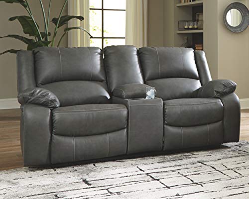 Signature Design by Ashley Calderwell Faux Leather Power Double Reclining Loveseat with Storage Console, Gray