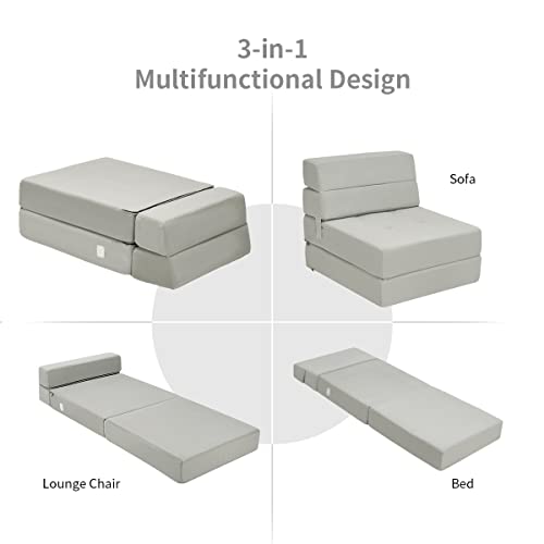 Casart Sofa Bed Tri-Fold Portable Sleeper Folding Memory Foam with Washable Cover Guest Chaise Lounge Padded Cushion Guest Sleeper Chair (Gray)