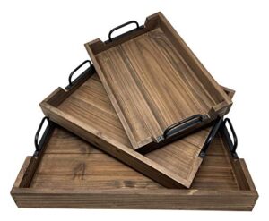 3 piece decorative nested vintage wood serving tray set for coffee table or ottoman – rustic wooden breakfast trays for kitchen, dining room, or living room – farmhouse platter w/handles – brown