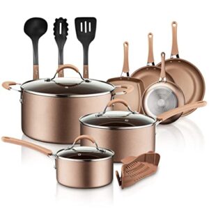 nutrichef 14-piece nonstick cookware ptfe/pfoa/pfos-free heat resistant lacquer kitchen ware set w/saucepan, frying pans, cooking, dutch oven pot, lids, utensil nccw14s, agold