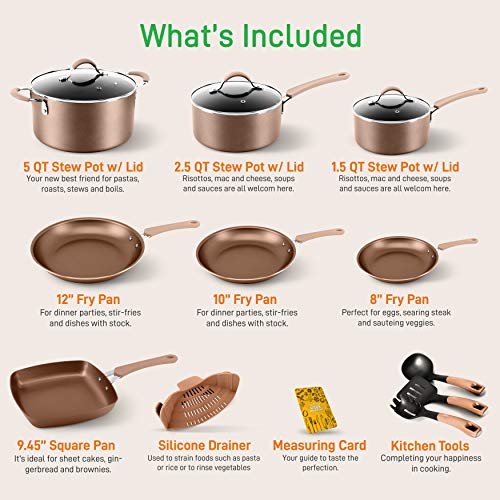 NutriChef 14-Piece Nonstick Cookware PTFE/PFOA/PFOS-Free Heat Resistant Lacquer Kitchen Ware Set w/Saucepan, Frying Pans, Cooking, Dutch Oven Pot, Lids, Utensil NCCW14S, AGold