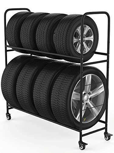 STEELAID Rolling Tire Rack – Metal, Adjustable, Tire Stand & Protective Cover, Included 4 Adjustable non rolling Legs [Updated 44'' L With 4 Wheels included]