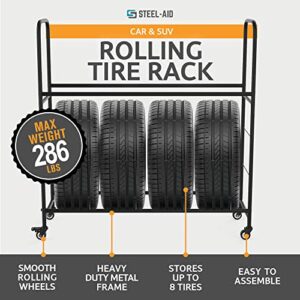 STEELAID Rolling Tire Rack – Metal, Adjustable, Tire Stand & Protective Cover, Included 4 Adjustable non rolling Legs [Updated 44'' L With 4 Wheels included]