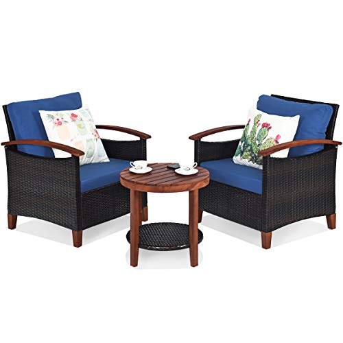 HAPPYGRILL 3 Pieces Rattan Furniture Set Outdoor Patio Conversation Set Wicker Sofa Set with Cushion & Acacia Wood Frame, Table & Chairs Set for Garden Poolside Balcony