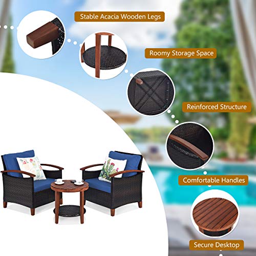 HAPPYGRILL 3 Pieces Rattan Furniture Set Outdoor Patio Conversation Set Wicker Sofa Set with Cushion & Acacia Wood Frame, Table & Chairs Set for Garden Poolside Balcony