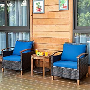 HAPPYGRILL 3 Pieces Rattan Furniture Set Outdoor Patio Conversation Set Wicker Sofa Set with Cushion & Acacia Wood Frame, Table & Chairs Set for Garden Poolside Balcony