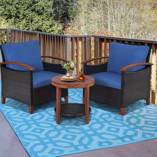 HAPPYGRILL 3 Pieces Rattan Furniture Set Outdoor Patio Conversation Set Wicker Sofa Set with Cushion & Acacia Wood Frame, Table & Chairs Set for Garden Poolside Balcony