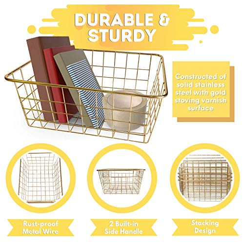 Vlish 4 Gold Wire Baskets - 4 Pack Storage Decor Crafts | Kitchen Bin Organizing Basket Set | Great for Closet, Laundry, Pantry Organization, Tables & Countertops, Office | Large & Small