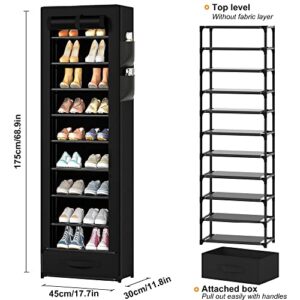 OYREL Shoes Rack,10 Tier Tall Shoe Rack - Narrow Shoe Rack with Storage Box,Fabric Covered Shoe Rack,Metal Shoe Rack Organizer,Shoe Racks for Closets,Shoe Stand,Shoe Shelf Storage,17.7"L 11.8"W 68.9"H