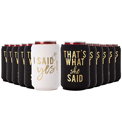 I Said Yes and That's What She Said Bachelorette Party Can Coolers, Set of 12 Beer Can Coolies, Perfect Bachelorette Party Decorations and Bridesmaid Gifts (Black)