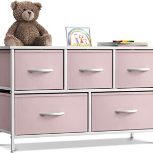 Sorbus Kids Dresser with 5 Drawers - Storage Chest Organizer Unit with Steel Frame, Wood Top, Easy Pull Fabric Bins - Long Wide TV Stand for Bedroom Furniture, Hallway, Closet & Office Organization