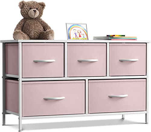 Sorbus Kids Dresser with 5 Drawers - Storage Chest Organizer Unit with Steel Frame, Wood Top, Easy Pull Fabric Bins - Long Wide TV Stand for Bedroom Furniture, Hallway, Closet & Office Organization