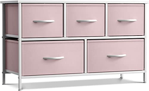 Sorbus Kids Dresser with 5 Drawers - Storage Chest Organizer Unit with Steel Frame, Wood Top, Easy Pull Fabric Bins - Long Wide TV Stand for Bedroom Furniture, Hallway, Closet & Office Organization