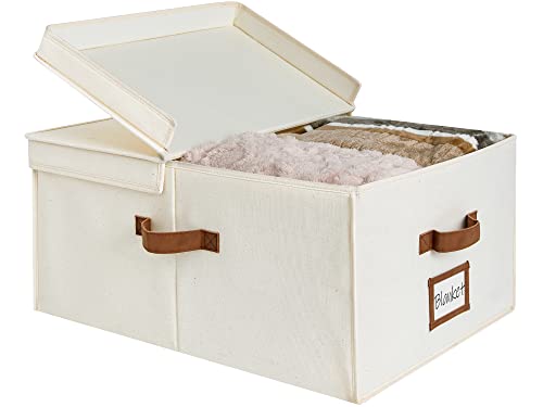 StorageWorks 55L Storage Bin, Decorative Closet Storage Box with Double-Open Lid, Divider Board and 3 PU Handles, Hand Wash, Canvas, Ivory White, Extra Large