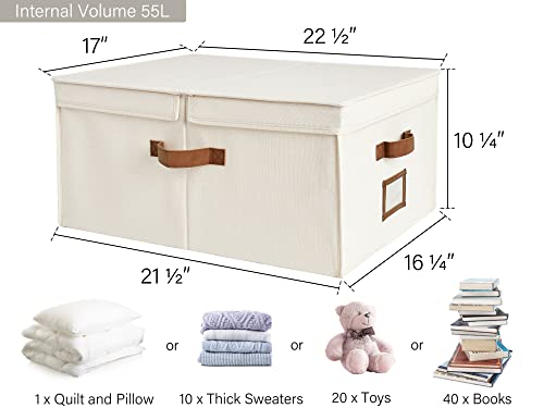 StorageWorks 55L Storage Bin, Decorative Closet Storage Box with Double-Open Lid, Divider Board and 3 PU Handles, Hand Wash, Canvas, Ivory White, Extra Large