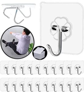 qualiall adhesive hooks, 20 packs, 33lbs/15kg premium heavy duty wall ceiling hooks for hanging, damage free, clear sticky hanger for kitchen, bathroom shower outdoor use.