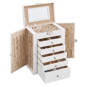 songmics 6 tier jewelry box, jewelry case with 5 drawers, large storage capacity, with mirror, lockable, jewelry storage organizer, gift for loved ones, for watches, white ujbc152w01