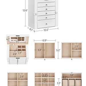 SONGMICS 6 Tier Jewelry Box, Jewelry Case with 5 Drawers, Large Storage Capacity, with Mirror, Lockable, Jewelry Storage Organizer, Gift for Loved Ones, For Watches, White UJBC152W01