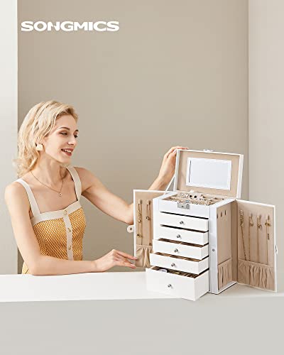 SONGMICS 6 Tier Jewelry Box, Jewelry Case with 5 Drawers, Large Storage Capacity, with Mirror, Lockable, Jewelry Storage Organizer, Gift for Loved Ones, For Watches, White UJBC152W01