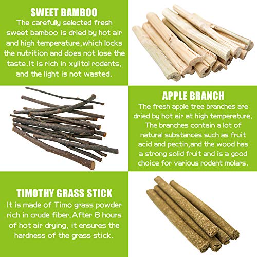 Bac-kitchen 3 Types of Combined Chew Toys Molar Sticks, All Natural Sweet Bamboo Apple Branch Timothy Grass Sticks for Rabbits Chinchilla Hamsters Guinea Pigs Gerbils, Improve Dental Health(Set 2)