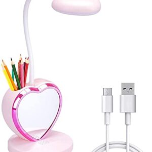 LED Desk Lamp, Cute Pink Desk Lamp with USB Charging Port/Pen Holder and Phone Stand, Touch Control Reading Lamp with 2 Color Modes,Eye-Caring Study Table Lamp for kids Girls College Dorm Bedroom