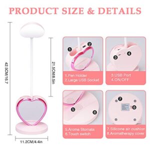 LED Desk Lamp, Cute Pink Desk Lamp with USB Charging Port/Pen Holder and Phone Stand, Touch Control Reading Lamp with 2 Color Modes,Eye-Caring Study Table Lamp for kids Girls College Dorm Bedroom