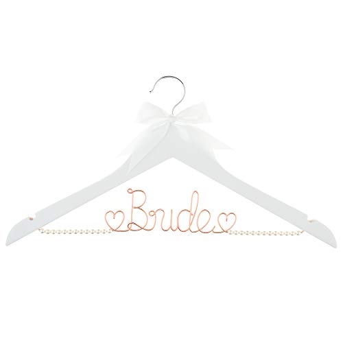 Ella Celebration Bride to Be Wedding Dress Hanger Wooden and Wire Hangers for Brides Gowns, Dresses (White with Rose Gold Wire and Pearls)