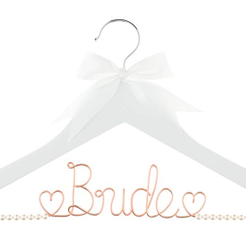 Ella Celebration Bride to Be Wedding Dress Hanger Wooden and Wire Hangers for Brides Gowns, Dresses (White with Rose Gold Wire and Pearls)