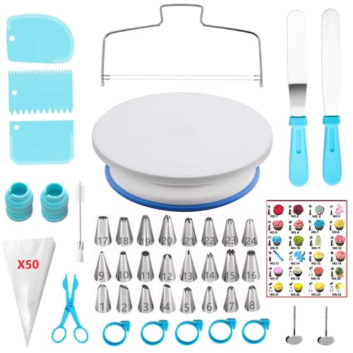 ANSLYQA 93 Pcs Cake Decorating Kit with Cake Turntable,Cake Leveler,24 Numbered Icing Tips,2 Spatulas,2 Coupler,3 Comb Scrapers,Flower Nail & Lifter Scissor,50 Disposable Pastry Bags