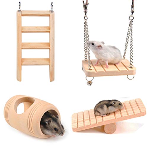 Feltsky Hamster Toys and Accessories 4 in 1 - Ladder, Swing, Barrel, Seesaw - Natural Wooden Pine - Chew Toys Gerbil Rat Guinea Pig Chinchilla Chew Toys Accessories