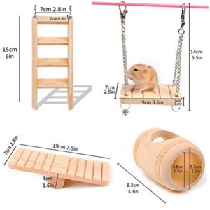 Feltsky Hamster Toys and Accessories 4 in 1 - Ladder, Swing, Barrel, Seesaw - Natural Wooden Pine - Chew Toys Gerbil Rat Guinea Pig Chinchilla Chew Toys Accessories