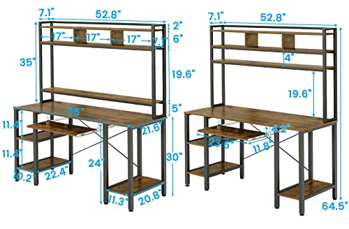 SEDETA Computer Desk, 55" Gaming Desk with LED Lights and Hutch, Computer Desk with Storage Shelves, Keyboard Tray & Monitor Stand, Home Office Desk, Gamer Desk PC Table, Rustic Brown